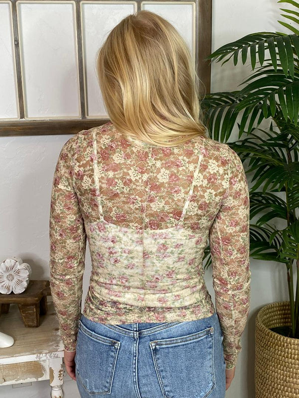 Beige Floral Sheer Lace Top - Define Boutique